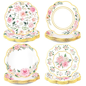 Pickmesh 60 Pcs Floral Paper Plates 7 Inches Floral Party Plates Pink Floral Disposable Dinner Plates Gold Foil Edge Paper Plate Tea Party Decoration for Baby Shower Bridal Shower Birthday Wedding