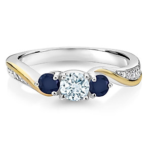 925 Silver and 10K Yellow Gold Sky Blue Aquamarine Blue Sapphire and White Lab Grown Diamond 3 Stone Engagement Ring For Women (0.58 Cttw, March Birthstone, Available In Size 5, 6, 7, 8, 9)