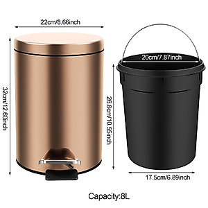 HYZSWGC 2.1 Gallon/ 8 Liter Metal Trash Can with Lid Soft Close, Foot Pedal-Brushed Stainless Steel, Satin Nickel Finish, Removable Inner Waste Basket, Step Trash Bin for Home, Office (Gold)