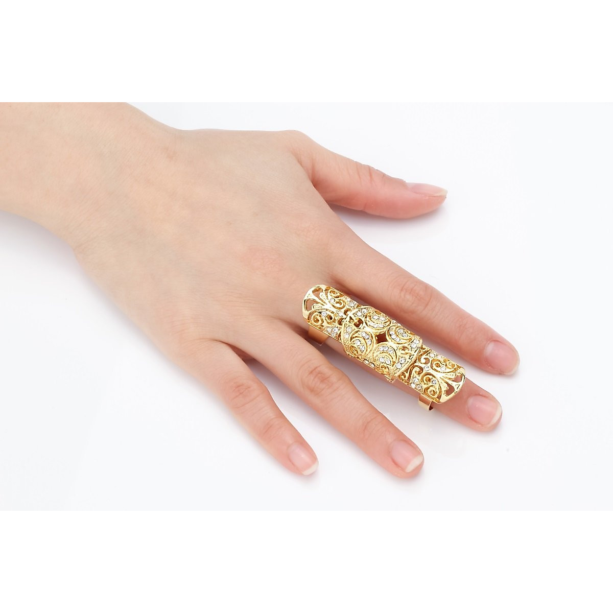 Szxc Jewelry Women's Crystal Double Full Finger Armor Knuckle Ring Adjustable