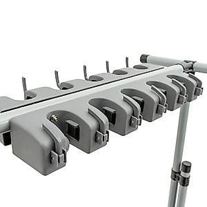 Movable Mop Broom Holder, Floor Mounted Cleaning Tool Cart with Wheels, 10 Slots with Hooks, Height Adjustable Cleaning Supplies Organizer Janitor Carts, Housekeeping Station Storage Tools