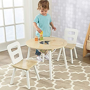 KidKraft Wooden Round Table & 2 Chair Set with Center Mesh Storage - Natural & White, Gift for Ages 3-6 23.5 x 23.5 x 17.3 and Wooden Two-Step Children's Stool with Handles - White, Gift for Ages 3-8