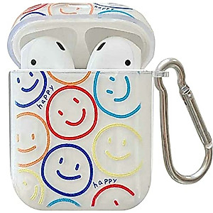 Airpods Case Cover,JANDM Cute Double Side Smiley Face Clear Soft Silicone Smooth Shockproof with Keychain Girls Kids Women airpods smiley face Case for Airpods 2 & 1 Charging Case Cover