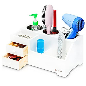 Boxoo Hair Tools Organizer with Drawers - Blow Dryer, Curling Iron, Straightener, Hair Brush Holder - Dressing Table, Bathroom Countertop Storage Caddy - Makeup, Toiletries, Hot Tools Holder, White