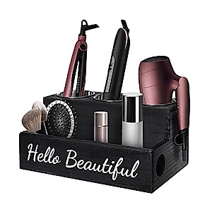 DB Rustic Black Hair Dryer Holder, Wooden Hair Tool Organizer, Bathroom Supplies Countertop Storage and Vanity Caddy for Blow Dryer Curling Iron Holder Hair Straightener Brush Hair Styling Accessories