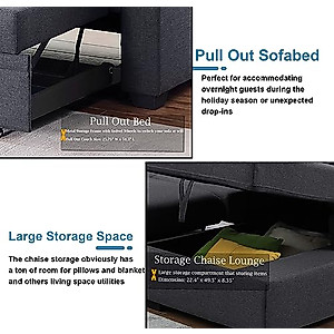 asunflower Sleeper Couch Sectional Sofa with Pull Out Sofa Bed for Living Room 6 Seater Sleeper Sectional Couch with Storage Chaise U Shape Modular Sectional Sofa Bed,Dark Gray