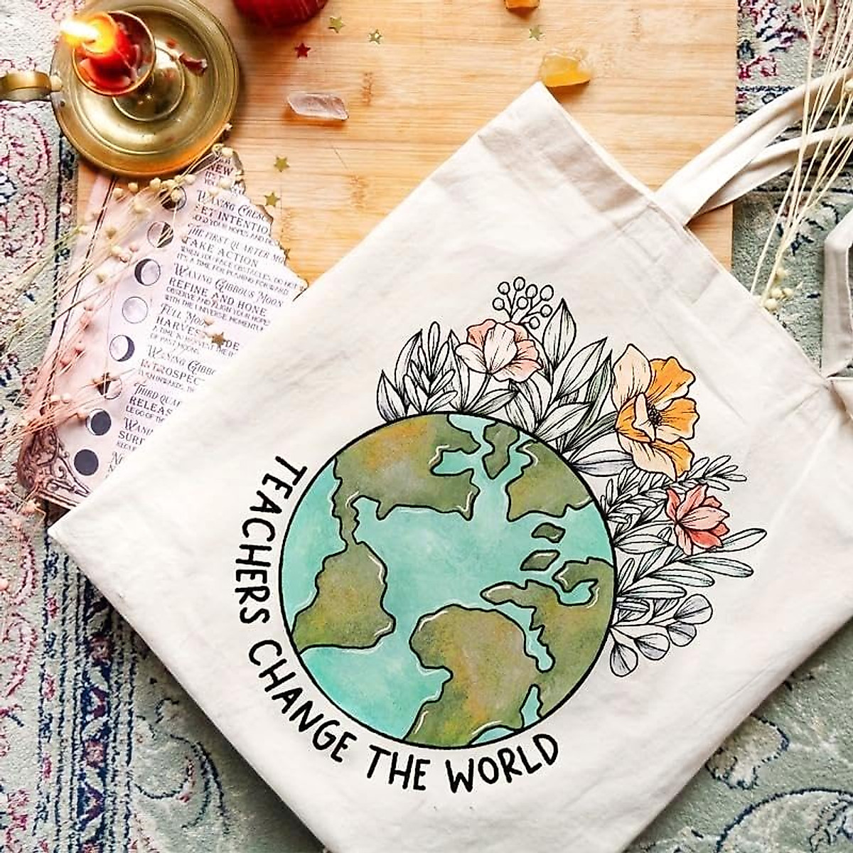 Earth and Flowers Canvas Tote Bag - Teacher Gifts for Women, Cute and Durable Shoulder Bag for Daily Use, Ideal for Beach Trips, Grocery Shopping, and Teacher Appreciation Gifts