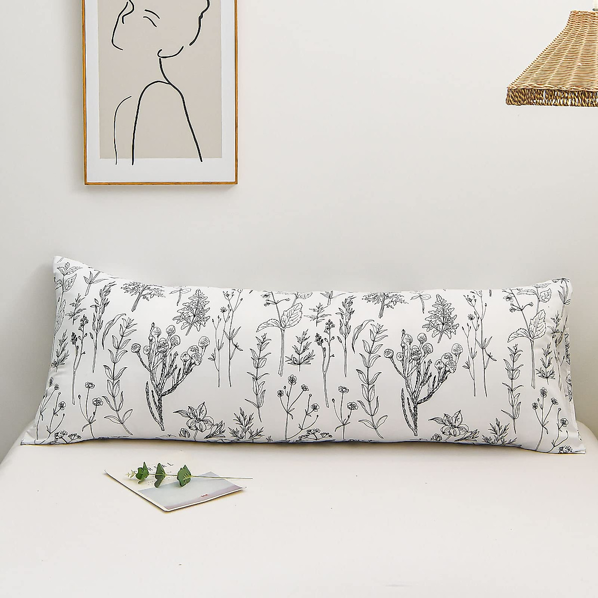 White Flowers Body Pillow Cover 20x54 inches Black Sketch Flowers Printed Country Style Decor Botanical Body Pillow Case Cover with Pocket Closure(Body,Black Flower)