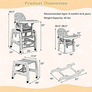 INFANS 5 in 1 Baby High Chair, Convertible Toddler Table Chair Set, Rocking Chair, Multi-Function Seat with Lockable Universal Wheels, Adjustable Seat Back, Removable Trays (Grey)