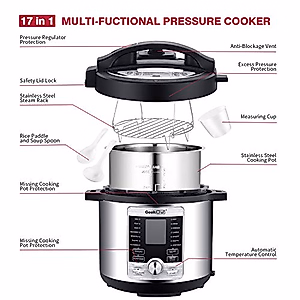 Geek Chef 6 Qt 17-in-1 Multi-Use Electric Pressure Cooker Stainless Steel Inner Pot Programmable LCD Display Digital Slow Cooker, Rice Cooker, Yogurt Maker, Egg Cooker, Sauté, Steamer, Warmer