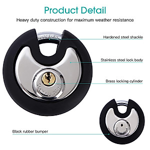DAYGOS Outdoor Padlock for Storage Unit, Waterproof Stainless Steel Disc Lock with Rubber Bumper for Sheds,Gate and Fence, Heavy Duty Discus Keyed Pad Lock (3/8-Inch Shackle)