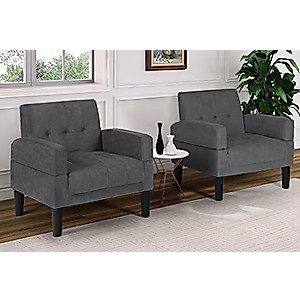 TYBOATLE Mid-Century Modern Upholstered Fabric Living Room Accent Arm Chairs Set of 2, Tufted Bedroom Office Armchair Single Sofa, Reading Lounging Side Lounge Chair Living Room Furniture (Grey)