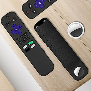 Seltureone 2 in 1 Remote Cover with AirTag Holder for Roku - Silicone Protective Case, Anti Slip Shock Absorption Washable, Black