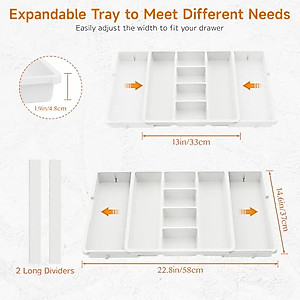KreuRaxy Expandable Cooking Utensil Organizer Tray for Kitchen Drawer, 13 to 22.8 Inch Adjustable Silverware Cutlery Flatware Organiser with 2 Divider, Perfect for Spatula Spoon Tools, Large, White