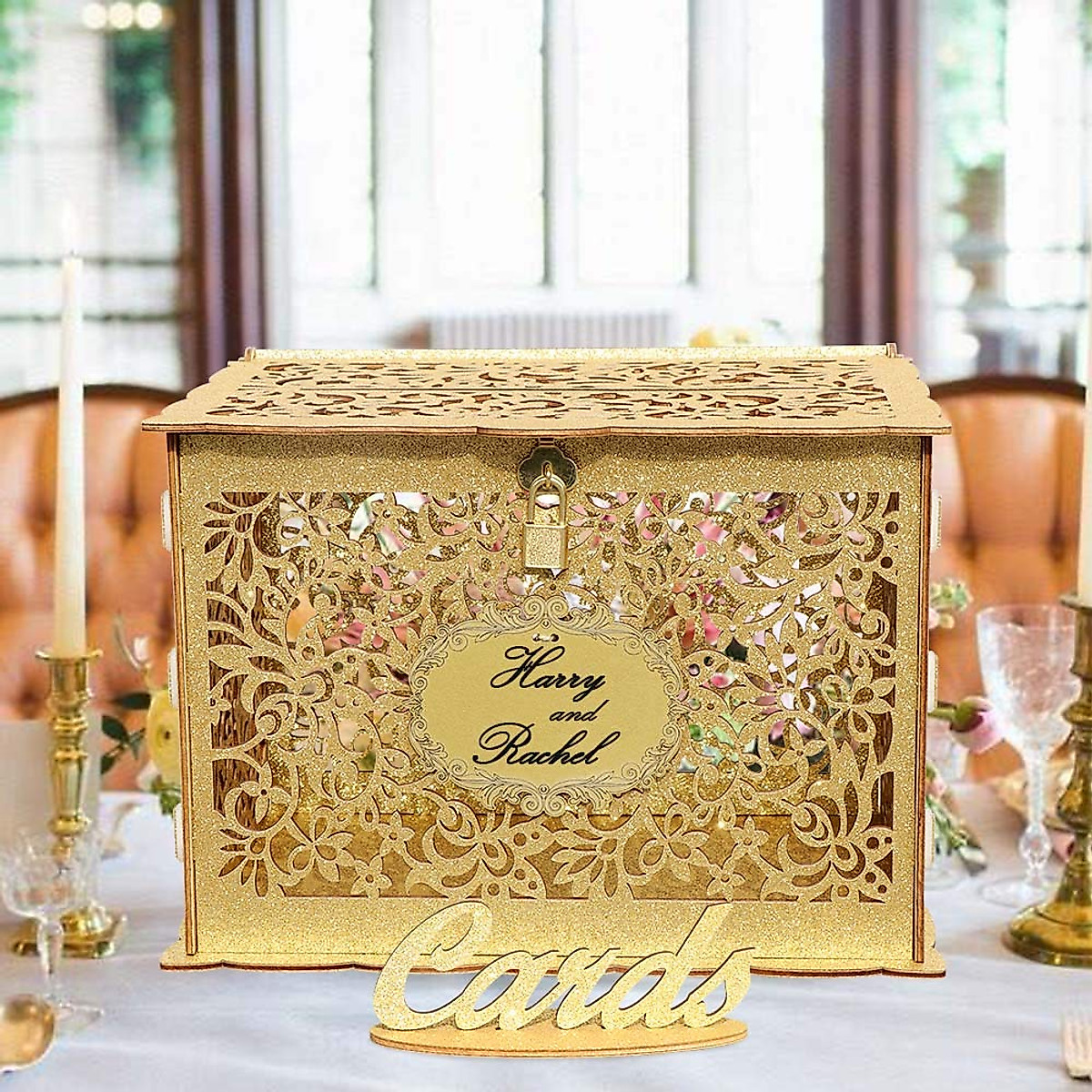 OurWarm Gold Wedding Card Box for Wedding Reception, Glittery Wooden Card Boxes with Lock, Gift Card Box Money Holder for Reception Anniversary Shower Rustic Wedding Decorations Birthday Graduation