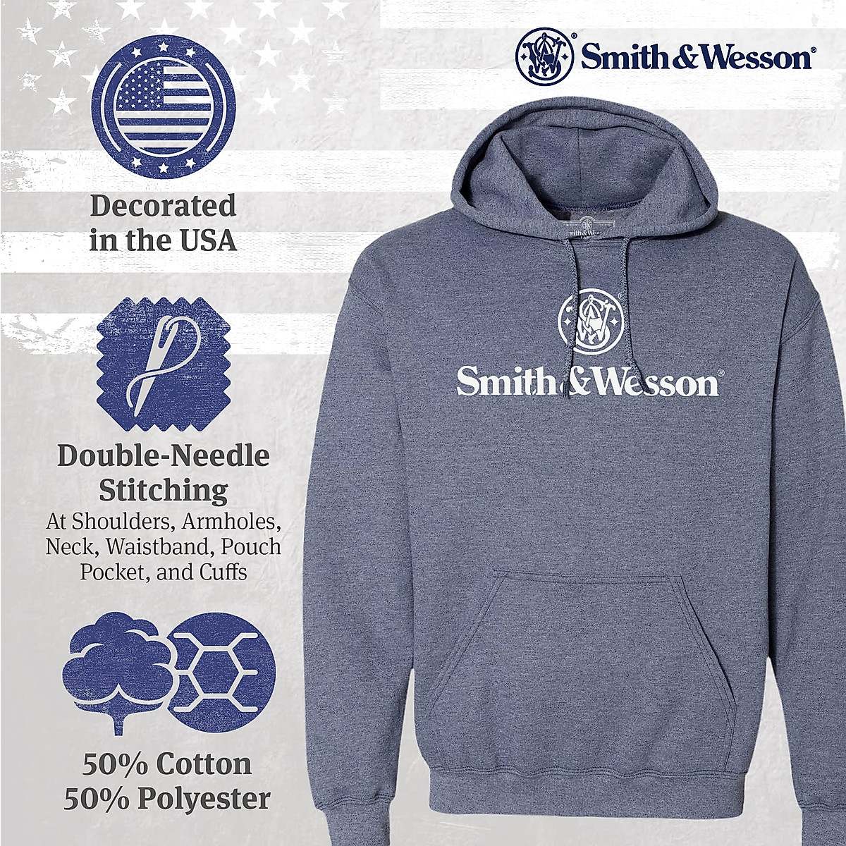 Smith & Wesson Farm & Firearms Official Licensed Apparel Men's Long Sleeve Solid Cotton-Poly Blend Graphic Logo Hooded Pullover Sweatshirt, Sizes S-2XL