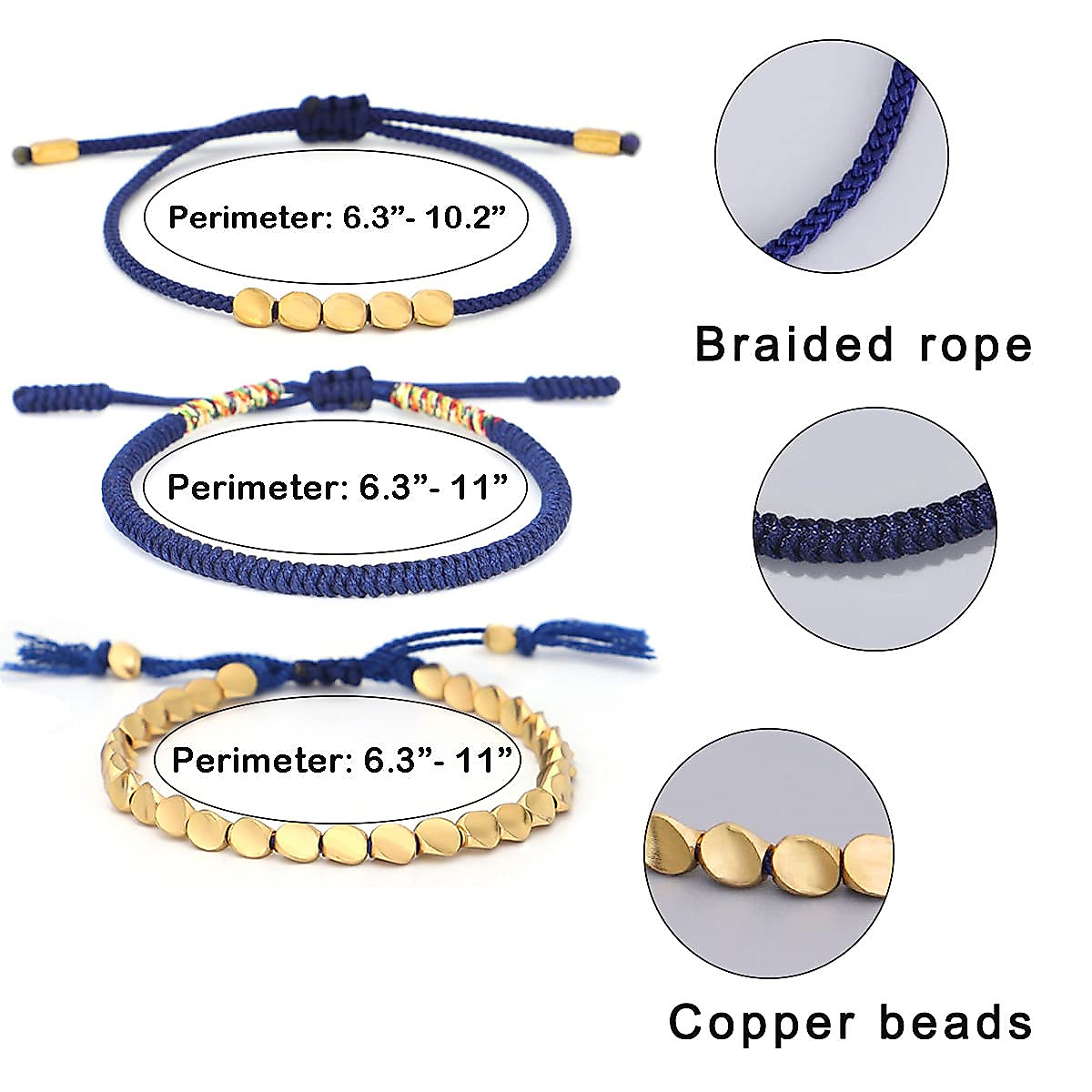 Nanafast Tibetan Copper Beads Bracelet Adjustable Handmade Braided Copper Bracelet Set for Women Men Lucky Tibetan Bracelet Gifts blue