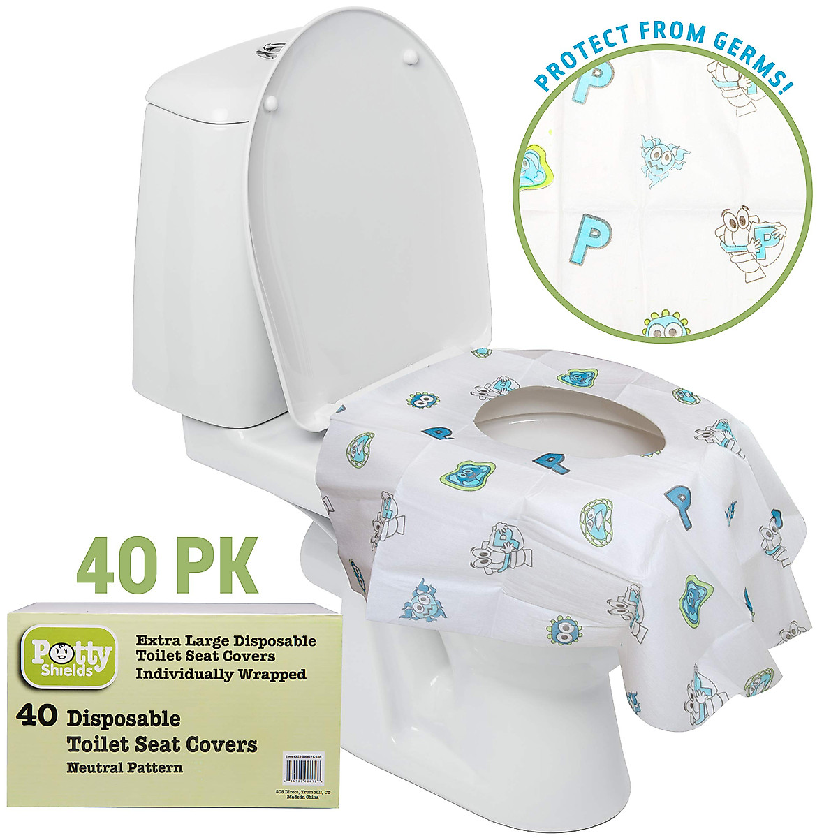 Potty Shields Toilet Seat Covers Disposable (40 Pack) - XL Waterproof Toilet Cover for Toddlers, Kids & Adults - Portable & Individually Wrapped for Travel, Potty Training, Vacations, Public Restrooms