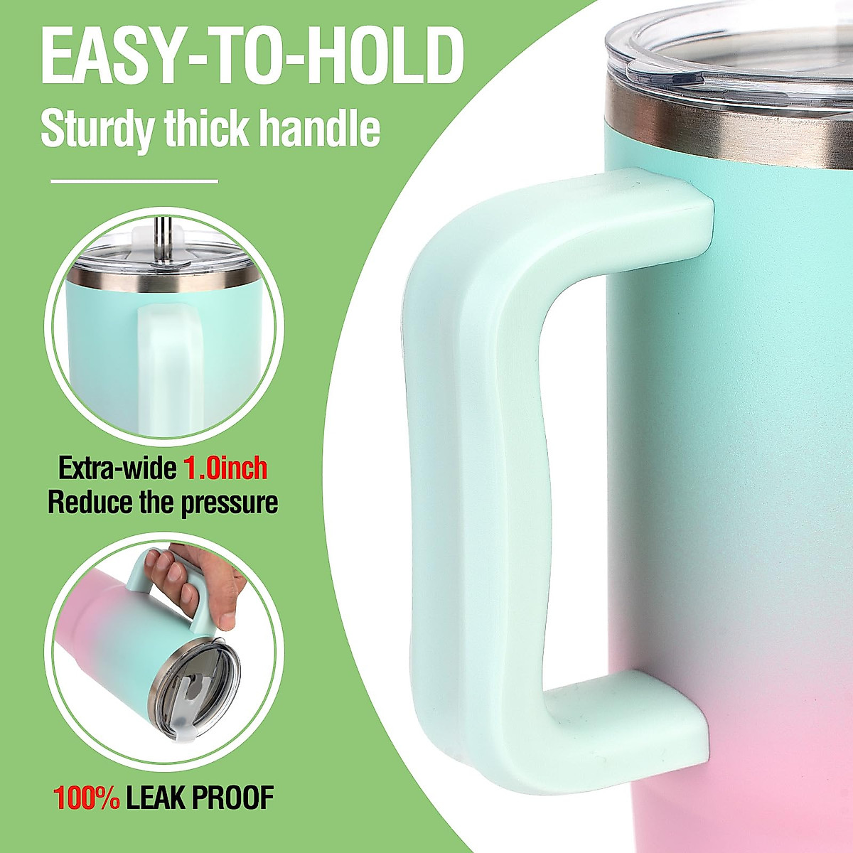 Zukro 24 oz Ceramic Coated Interior Tumbler with Handle and Straw, No Metal taste or Smell, Leakproof No Sweat Stainless Steel Coffee Cup with 2 Lids, Dishwasher Safe Insulated Travel Mug, Pink