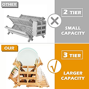 Worthyeah Bamboo Dish Drying Rack, 3 Tier Collapsible Dish Rack with Utensil Holder, Wooden Dish Drying Rack for Kitchen Counter, Large Folding Drying Holder, Dish Drainer