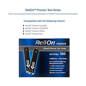 ReliOn Premier Blood Glucose Test Strips | Blood Glucose Test Strips | Test Strips for Diabetes | Blood Sugar Test Strips | Diabetic Test Strips | Reli On Premier Test Strips 100 Count + STS Sticker.
