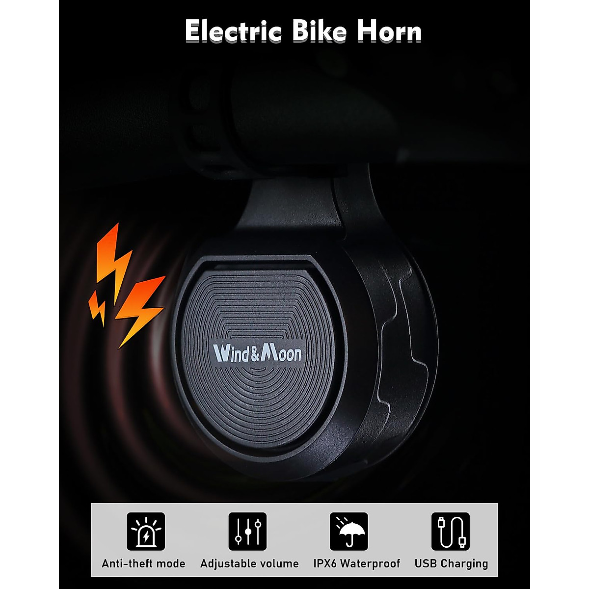 Wind&Moon Electric Bike Bell, Anti-Theft Alarming 80-130DB Adjustable Scooter Horn, Bicycle Bell with USB Rechargeable, IPX6 Waterproof, for Adults Kids Mountain Bike Bells Cycling Warning Horn