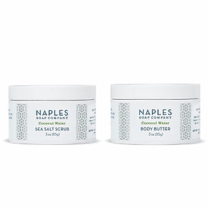 Naples Soap Company Sea Salt Scrub & Body Butter Combo Pack – Natural Skincare Gift Set Includes Exfoliating Body Scrub & Rich Cocoa and Shea Body Butter – Coconut Water, Set of 2, Travel Size 3oz Jars