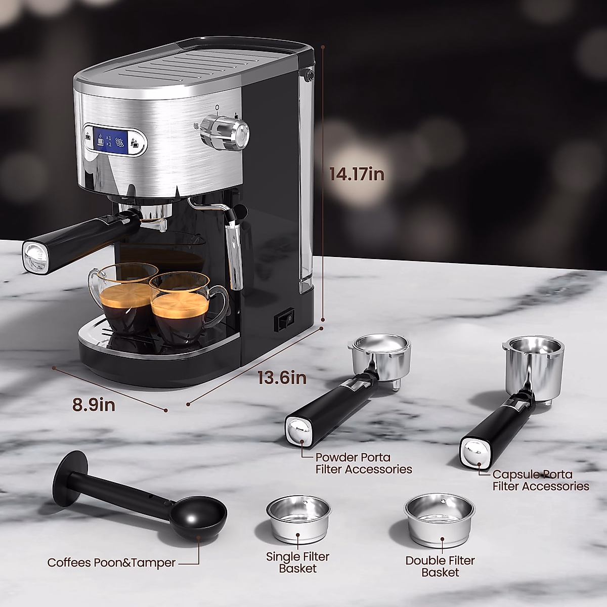 ZAFRO Espresso Machine 20 Bar, Professional Espresso Maker with Milk Frothing Steam Wand, Compact Coffee Machine with 45oz Removable Water Tank for Cappuccino, Latte, Gift, Black