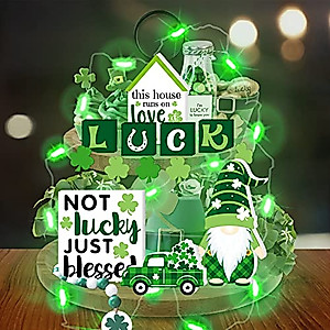 St Patricks Day Tiered Tray Decorations Set - St Patricks Day Shamrock Wooden Signs with Green String Lights for Spring Irish Saint Patricks Day Home Table Decorations