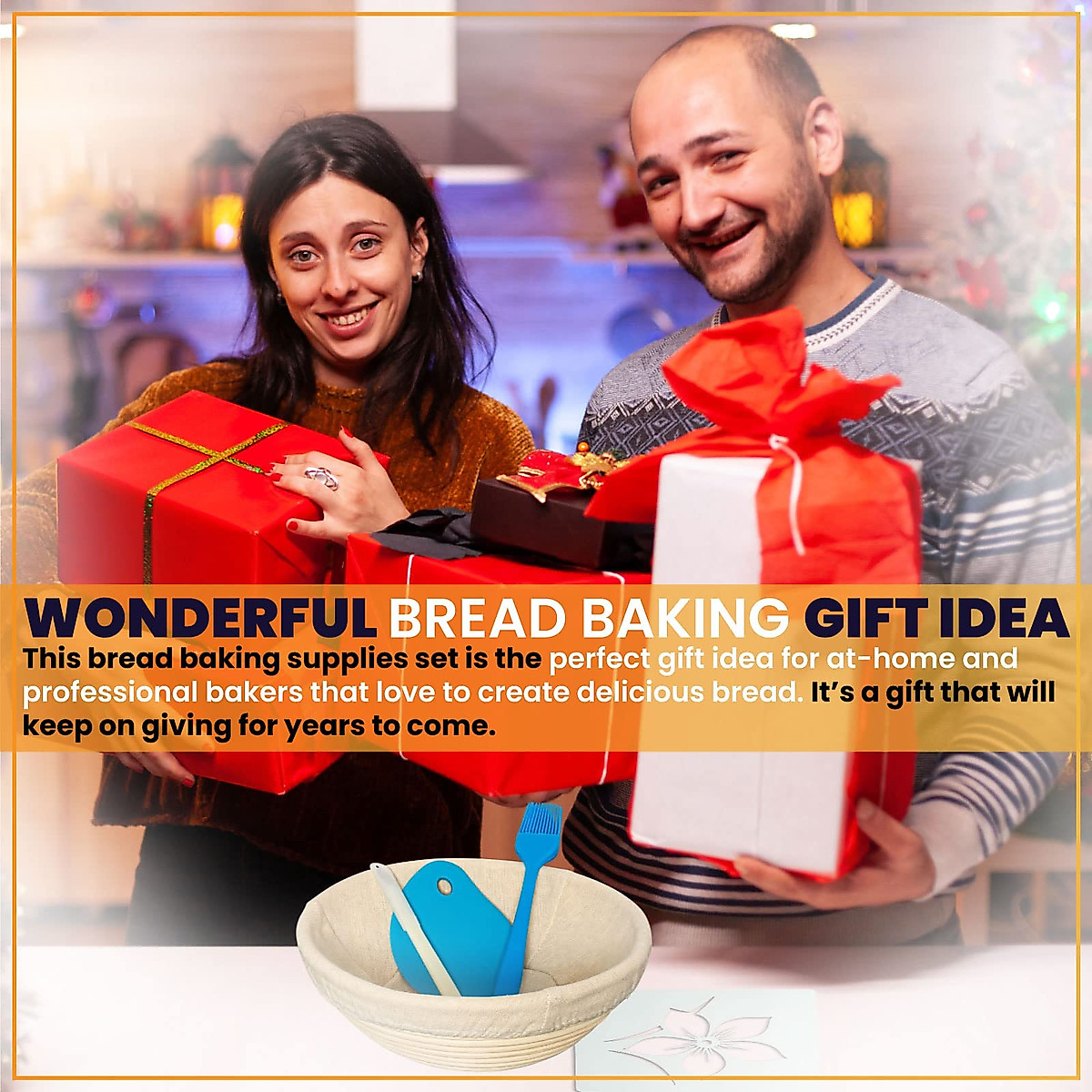 Bread Banneton Proofing Basket Set | 9” & 10” Round Baking Bowl Kit for Sourdough | Includes Dough Scraper, Bread Lame, Brotform Cloth Liner, Basting Brush (Blue)