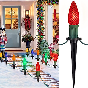 C9 Christmas Pathway Lights Outdoor, 25.7 Feet 20 LED C9 Strawberry Walkway Lights with Marker Stakes, Connectable Shatterproof C9 String Lights for Lane Outside Yard Decorations, Multicolored