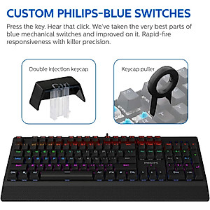 Philips Corded Mechanical Gaming Keyboard | RGB Ambiglow FX & Key Light Maps | Anti-Ghosting, N-Key Rollover | Clicky, Light-Touch Blue Switches (SPK8403)