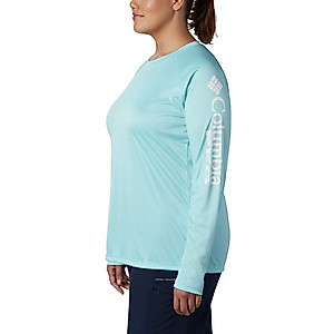 Columbia Womens PFG Tidal Tee II Long Sleeve Sun Protection Shirt, Clear Blue/White Logo, Medium