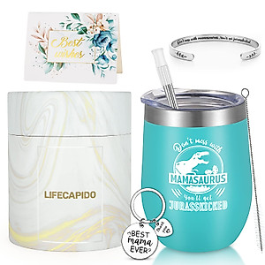 Lifecapido Mom Gifts - Don't Mess with Mama Saurus Insulated Wine Tumbler, Mamasaurus Wine Tumbler with Lid Straw, Mother's Day Birthday Christmas Gifts for Mom Mother New Mom Stepmom, 12oz Aqua Blue