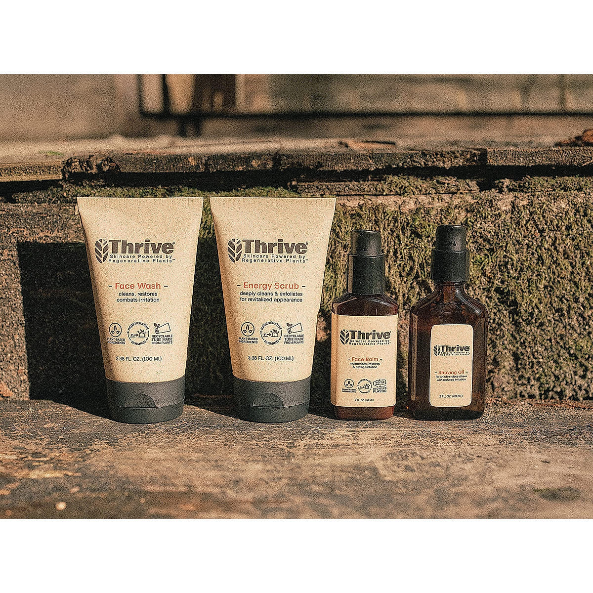 Thrive Natural Skin Care Sets - Essential Face Care Set (4 Piece) - Grooming Gift Set to Wash, Exfoliate & Shave - Made in USA, Vegan & Cruelty Free