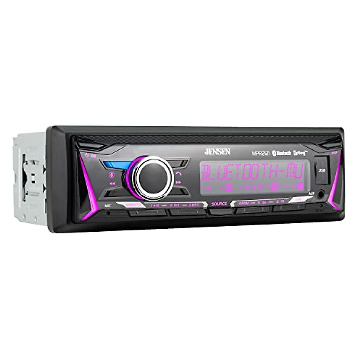 Jensen MPR2121 | 12 Character LCD Single DIN Car Stereo Receiver | RGB Custom Colors | Push to Talk Assistant | Bluetooth Hands Free Calling & Music Streaming | AM/FM Radio | USB Playback & Charging