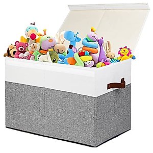 Large Toy Storage Box with Lid, Sturdy Toys Storage Chest Bin Organizer Basket with Dividers for Kids, Boys, Girls, Nursery, Closet, Bedroom, Playroom 25"x13" x16" (Grey and White)