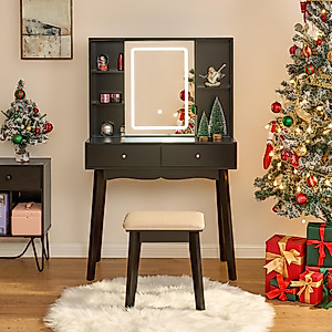 BEWISHOME Vanity Desk with Mirror and Lights, Makeup Vanity with Lights, Black Vanity Set, Makeup Desk with 3 Color Lighting, Vanity Table with Cabinet & 2 Drawers, Dressing Table Makeup Table FST15H