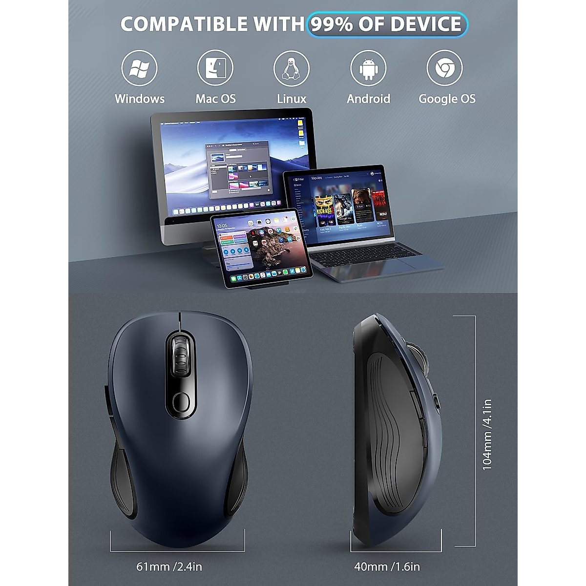 Trueque Wireless Mouse for Laptop, 2.4GHz Ergonomic Computer Mouse with Back & Forward Buttons, 3 Levels Tracking Speed, 6 Buttons, Optical USB Cordless Mice for Windows Chromebook MacBook PC (Gray)