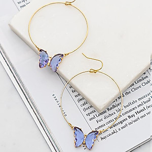 Kathaya Women’s Dangling Hoop Earrings With Gemstone Butterfly Fashion Charms For Women Girls Dangle Drop Earring Jewelry Gift Set (Purple)