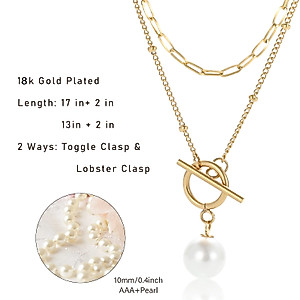 Gold Layered Pearl pendant Necklaces, 18K Gold Plated Initial Paperclip Link Chain Necklace Necklace Jewelry Gifts for Women (Gold)