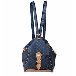Rioni STA-20082 Designer Signature Navy Blue Canvas Leather Backpack With Zipper Strap