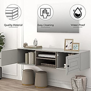 HAUSHECK Modern Floating Stand for 65 Inch TVs with 2 Large Storage, 3 Levels Adjustable Shelves, Cable Management & Magnetic Cabinet Door, Wall Mounted Entertainment Center Media Console, Beige