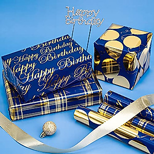 WRAPAHOLIC Birthday Wrapping Paper Roll - Mini Roll - 3 Rolls - 17 inch X 120 inch Per roll - Blue and Gold Foil Design for Party, Holiday, Baby Shower