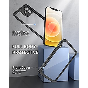 WIFORT iPhone 12 Mini Waterproof Case Built-in Screen Protector Water Resistant Cover Protective Drop Protection Hard, Shockproof Full Body Defender Tough Military Grade - 5.4" Black