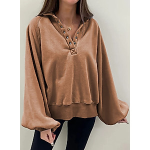 Dokotoo Womens Oversized Sweatshirts Buttoned Crewneck Oversized Loose Comfy Long Sleeve Lantern Sleeve Sweatshirts for Women Pullover Casual Fashion Winter Fall Shirt Tops Brown Medium