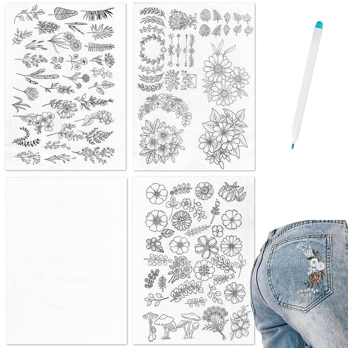 yklbpd 100-Pack Water-Soluble Stabilizer and Adhesive Embroidery Paper, with 3 Sheets of A4 Pre-Printed Patterns and 1 Blank Stabilizer + 1 Water-Soluble Marking Pen. Suitable for Hand Sewing.