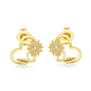 SISGEM 14k Yellow Gold Sunflower Heart Stud Earrings for Women