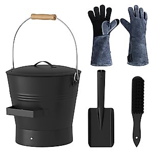 JWX Ash Bucket, Ash Set Keep Your Fireplace Clean and Safe Includes Shovel, Lid, Heat-Resistant Gloves, and Coconut Fiber Brush