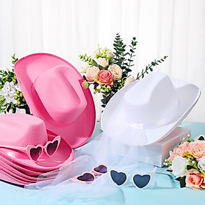 Unittype 14 Pcs Bridal Cowgirl Party Set Heart Glasses Bride Cowboy Hats for Bachelorette Party Bridal Wedding Shower (Pink, White)